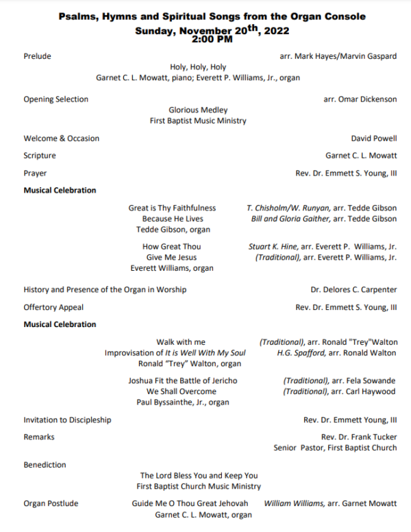 Organ Console Sunday 2 PM November 20 2022 - First Baptist Church